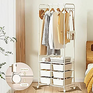 Ytaoka White Clothes Rack with 6 Drawers and 8 Side Hooks, Rolling Clothing Racks for Hanging Clothes with Wheels, Heavy Duty Metal Garment Rack, Standing Clothes Hanger Rack, Easy to Assemble