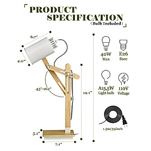 ELYONA Wireless Charging White Desk Lamp, Touch Control Rubber Wood Table Lamp with USB Charging Port, Swing Arm Reading Task Lights for Office, Dorm, Living Room Bedroom, Farmhouse, Bulb Included