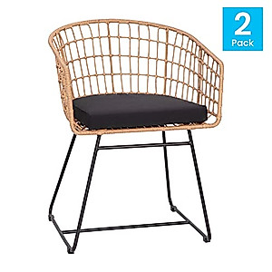 Flash Furniture Devon Set of 2 Indoor/Outdoor Patio Boho Club Chairs, Rope with PE Wicker Rattan, Cushions and Sled Base, Natural/Black