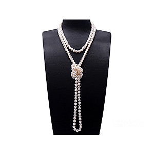 JYX Pearl Long Strand Necklace Natural White 8mm Flat Round Freshwater Cultured Pearl Necklace Endless Sweater Necklace 64"