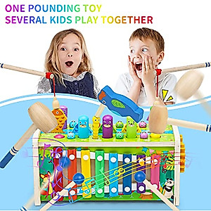 WEELIKEE 8-in-1 Wooden Hammering Pounding Toys for 1 2 3 4 Year Old Boys and Girls, Wooden Montessori Toys for Babies, Whack a Mole Game with Xylophone and Fishing Game Toddler Activities Gift