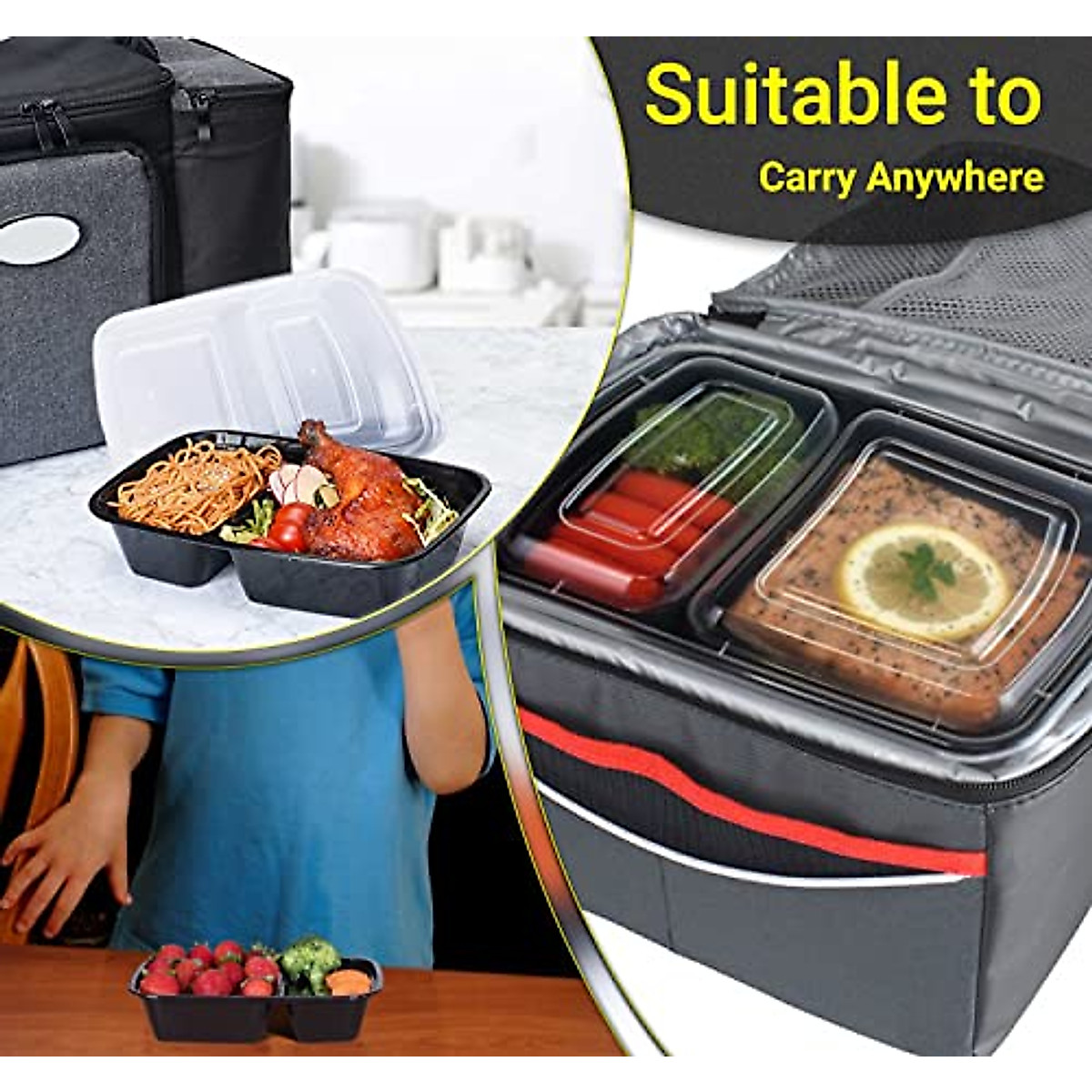 Neez 28 Oz Pack of 10-2 Compartment Meal Prep Containers with Lids - Food Storage Bento Box BPA Free - Reusable, Disposable, Microwavable & Stackable - Plastic