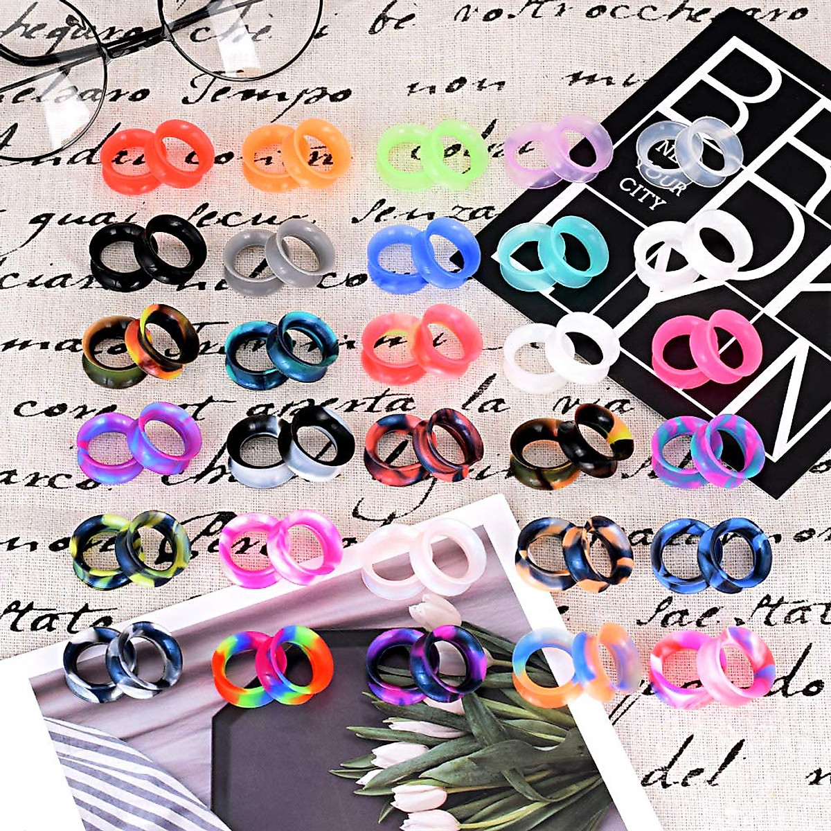 Qmcandy 60pcs Colorful Soft Flexible Silicone Tunnels Double Flared Ear Piercing Plugs Gauge 9/16 inch