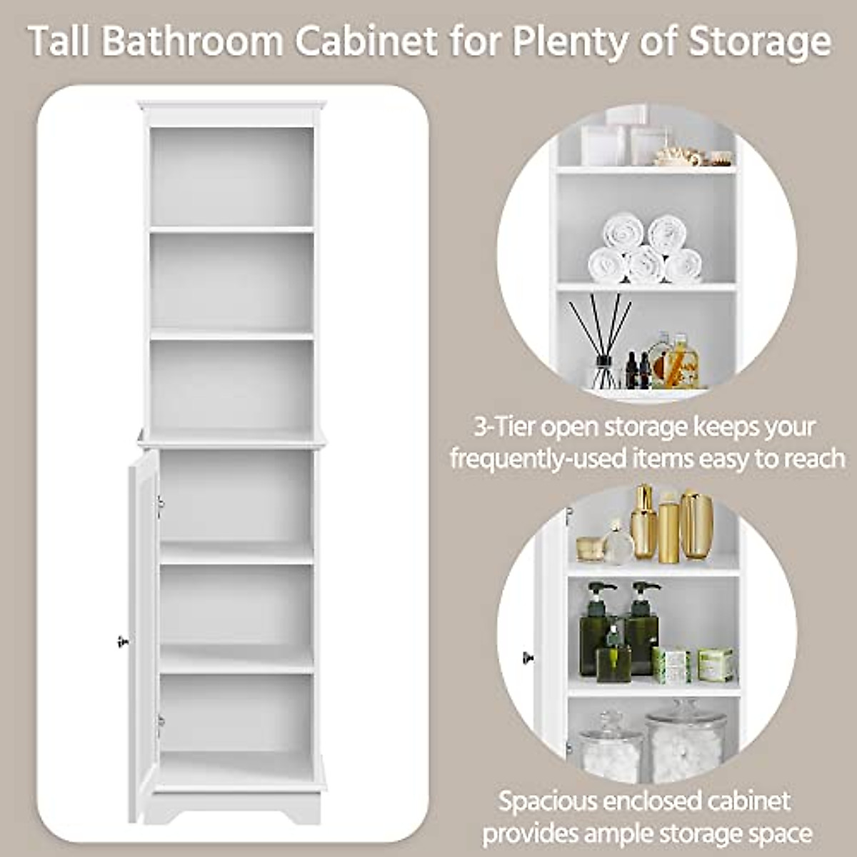 Yaheetech Bathroom Cabinet, Storage Cabinet with 3 Open Shelves & Single Door, Floor Freestanding Tall Linen Cabinet, Narrow Corner Organizer for Bathroom, Living Room, White