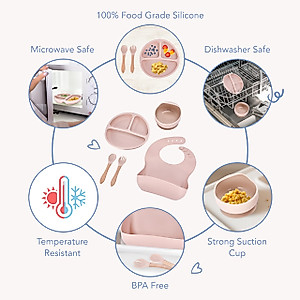 Light Autumn - Silicone Baby Feeding Set - Toddler Led Weaning Supplies - Kids Plate, Bowl, Spoon and Fork Set with Wooden Handle - Feeding Set For Infants - Baby Utensils Set 3.14x7.8x5.9" (Cream)