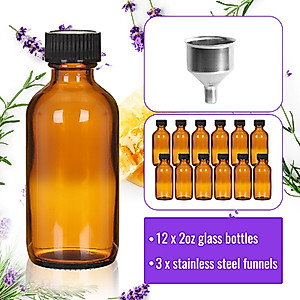 12 Pack 2 oz Amber Glass Boston Bottles, Round Tinture Bottles with Black Caps for Essential Oil, Perfume, Homemade Vanilla Extract and Liquid