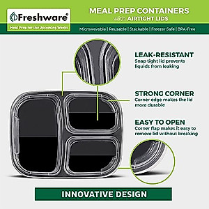 Freshware Meal Prep Containers [150 Pack] 3 Compartment with Lids, Food Storage Containers, Bento Box, BPA Free, Stackable, Microwave/Dishwasher/Freezer Safe (24 oz)