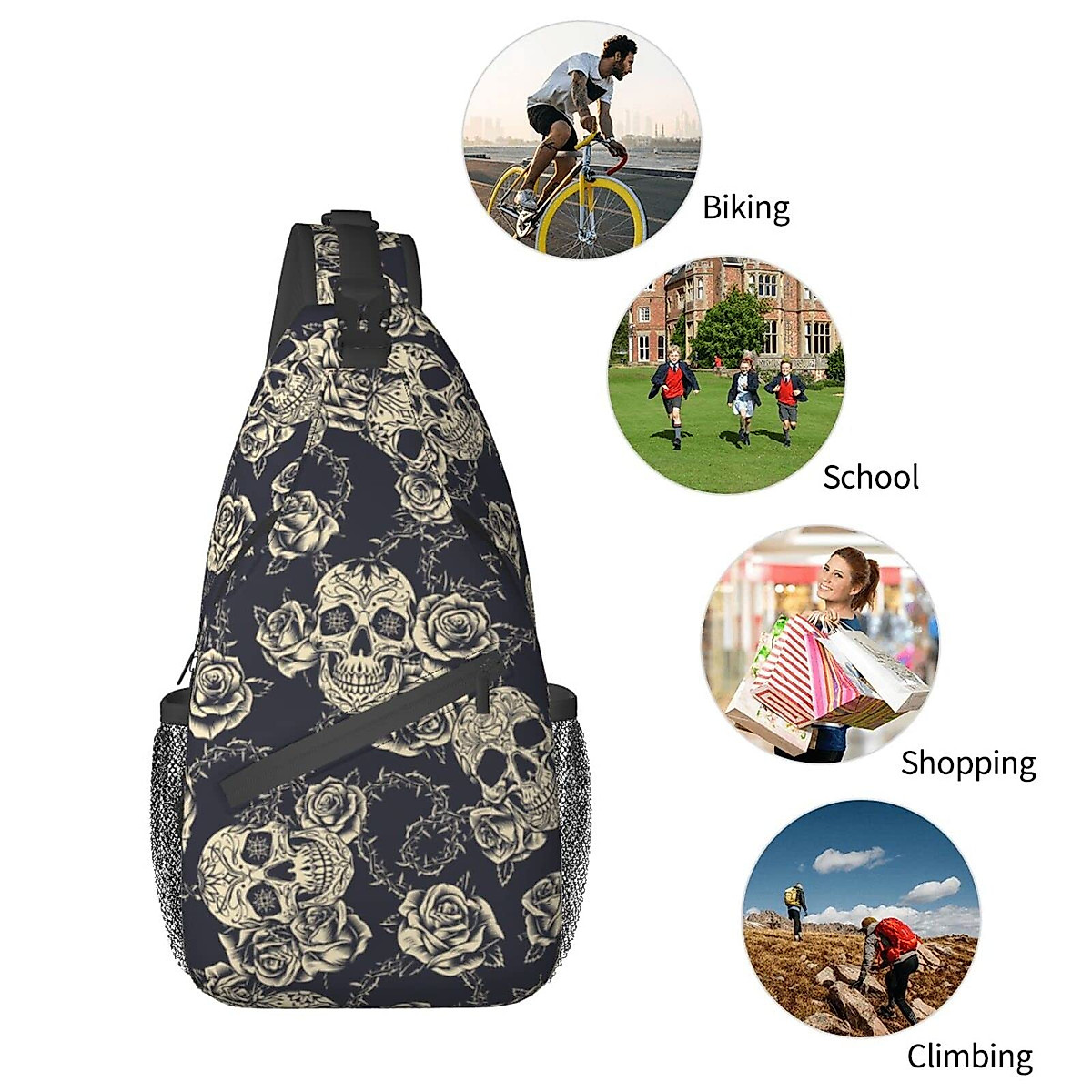 Skull Rose Sling Bag Crossbody Travel Hiking Chest Backpack Shoulder Daypack for Women Men