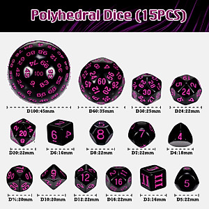 15 Pieces Complete Polyhedral Dice Set D3-D100 Spherical RPG Dice Set in Opaque Black, 100 Sides Dice Set for Role Playing Table Games Party Supplies (Black and Purple)