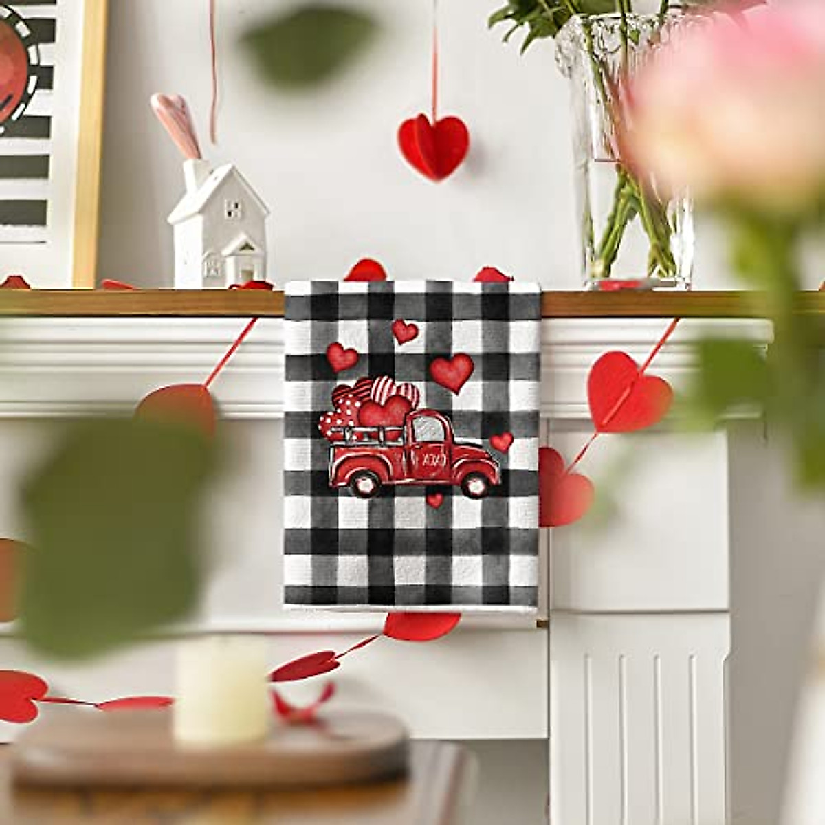 Artoid Mode Buffalo Plaid Gnomes Truck Hello Valentine Kitchen Towels Dish Towels, 18x26 Inch Seasonal Valentine's Day Decoration Hand Towels Set of 4