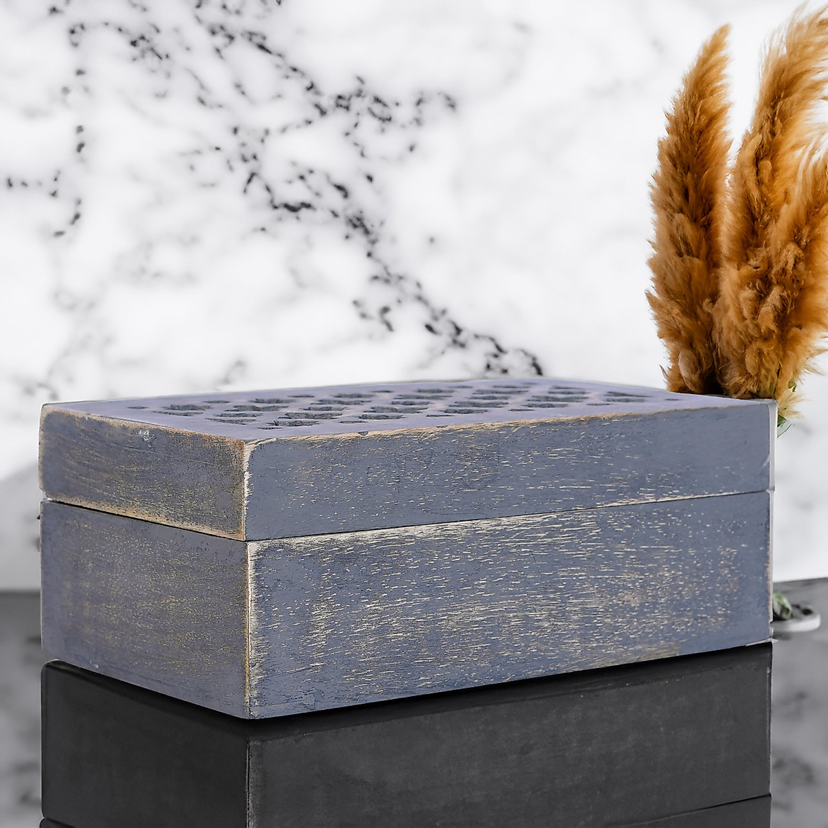 Mela Artisans Medium Keepsake Box with Hinged Trellis Lid - Distressed Dove | Wooden Decorative Box | Keepsake Memory Box | Mango Wood Storage Box | Store Trinkets, Cards & Stash | 7.5” x 4.5” x 3