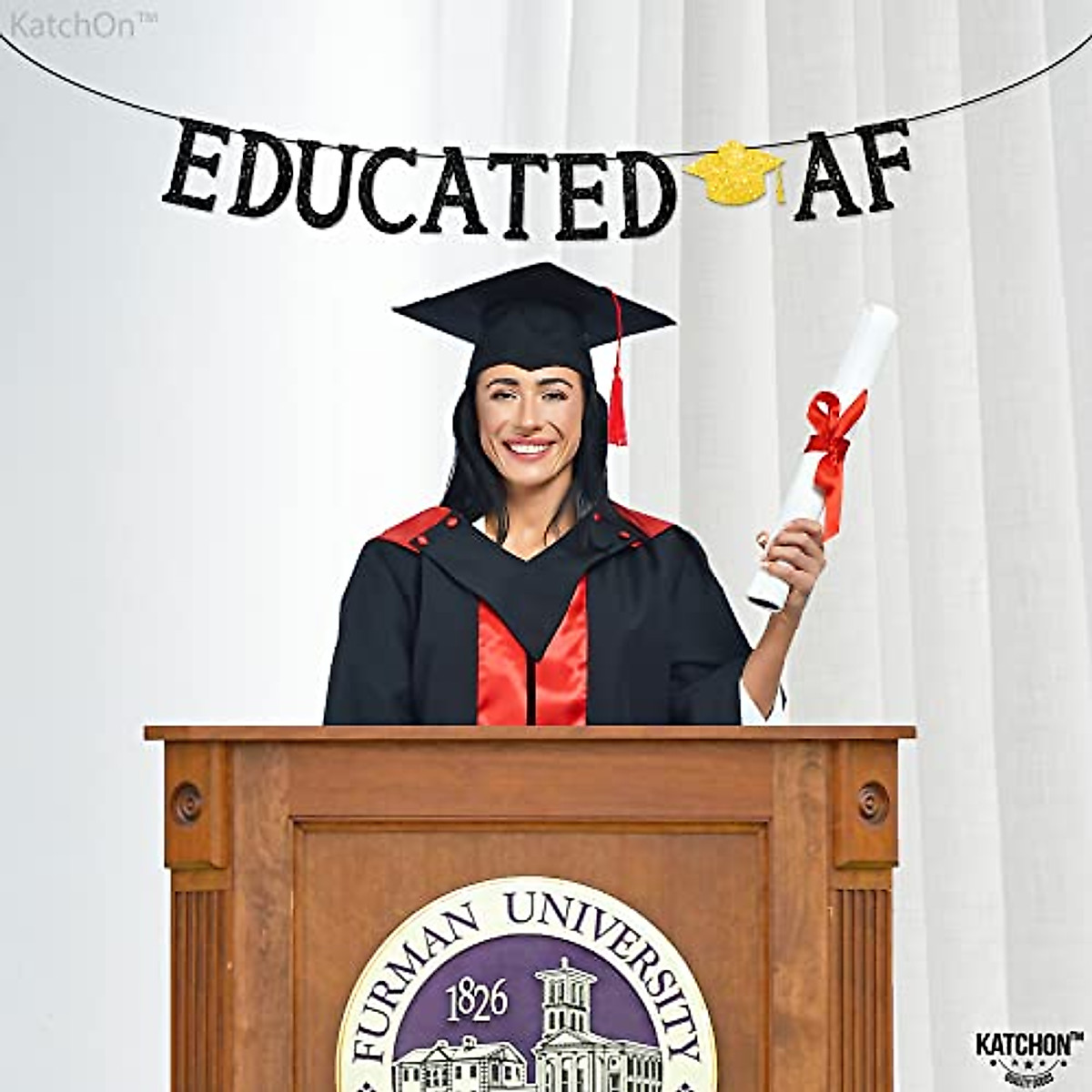 XtraLarge, Congrats Grad Banner - 72x44 Inch | Glitter Gold Educated AF Banner - 10 Feet No DIY | Graduation Banner for Graduation Party Decorations 2022 | Class of 2022 Educated AF Decorations