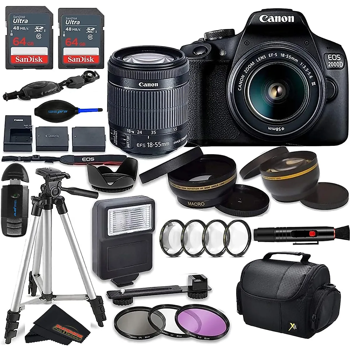 Canon Intl. EOS 2000D (Rebel T7) DSLR Camera wCanon EF-S 18-55mm F3.5-5.6 III Lens and Sunshine Photo Professional Accessories Bundle... (Renewed)