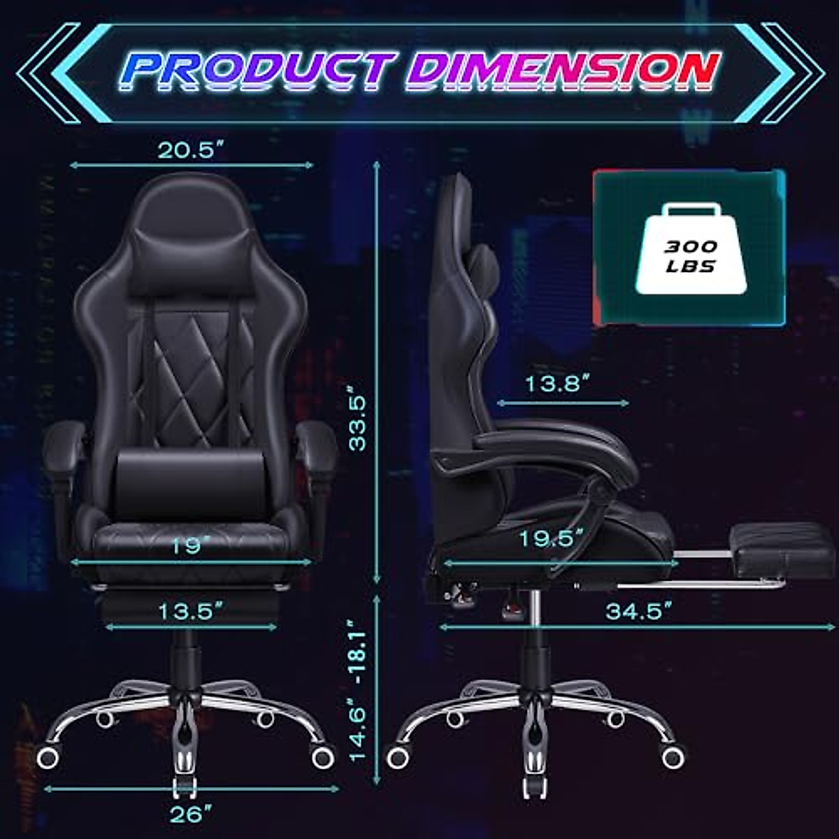 Shahoo Gaming Chair with Footrest and Massage Fuction Lumbar Support, 360°Swivel and Height Adjustable Seat with Headrest for Office or Bedroom, Study Room, Black