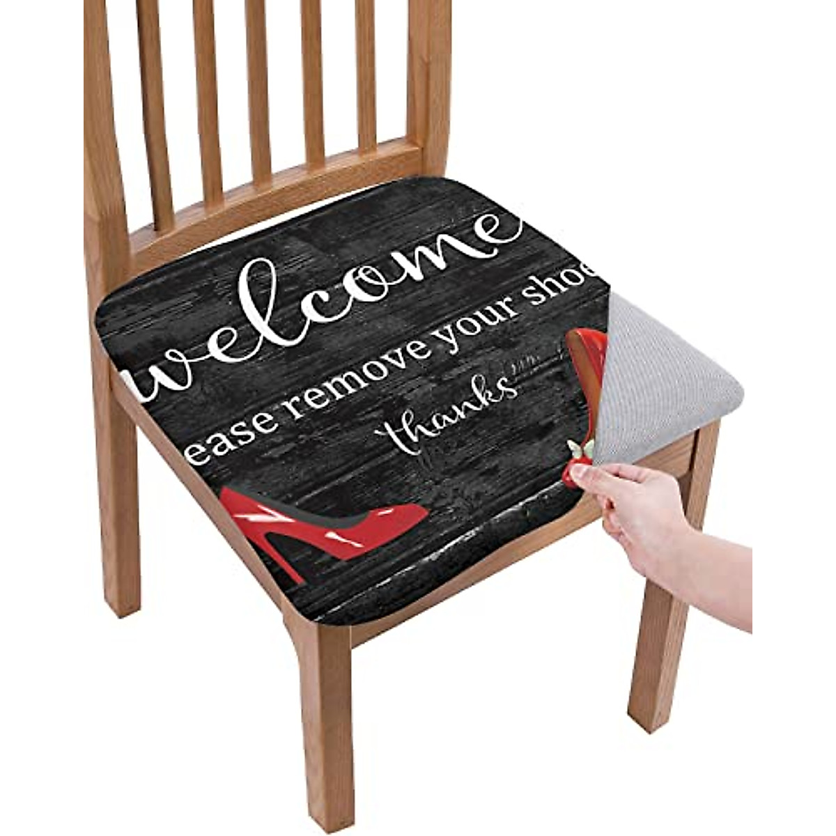 Chair Covers for Dining Room Set of 2, Removable Washable Office Chair Cover, Welcome Red High Heels Vintage Wood Grain Background Chair Cushion Covers for Bar Stool Kitchen 13.4"-18"