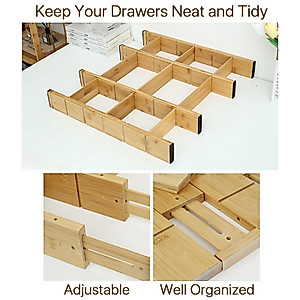 SUEIANNMN 4PCS Expandable Drawer Dividers Set with 12 Inserts Kitchen Drawer Organiser, Bamboo Customisable Cutlery Organiser Desk Drawer Organizer Clothes Drawer Organisation (17-22in)