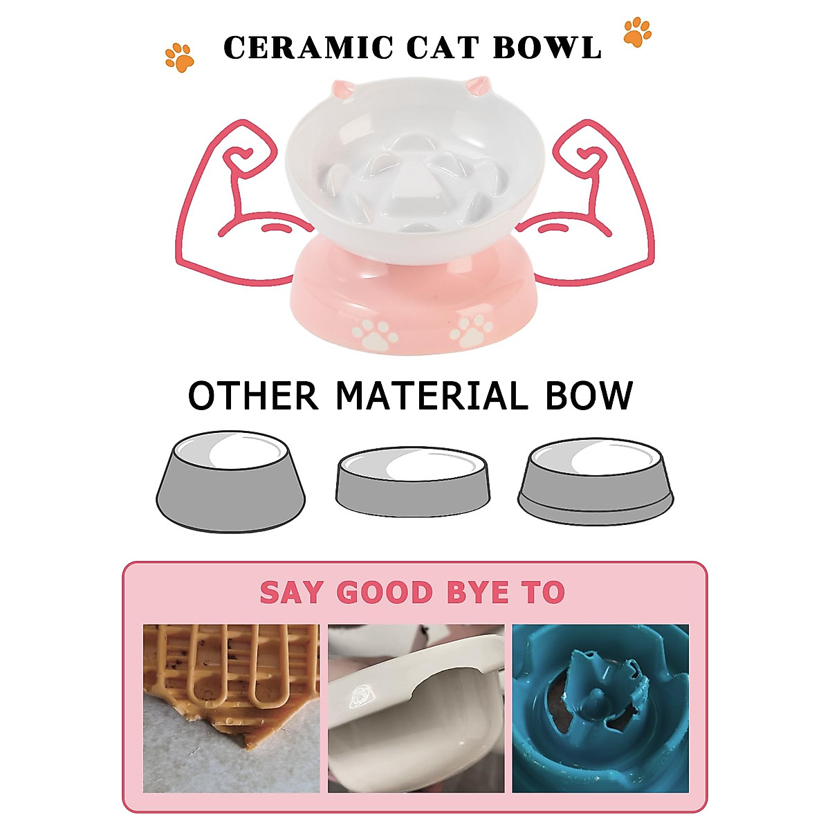 Y YHY Ceramic Slow Feeder Cat Bowl, Elevated Cat Bowl Tilted Design Slow Feeder for Dog and Cat for Dry and Wet Food, Pink