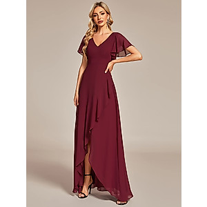 Ever-Pretty Women's Double V Neck A Line Ruffle Hem Backless High Low Chiffon Wedding Guest Dresses Burgundy US14