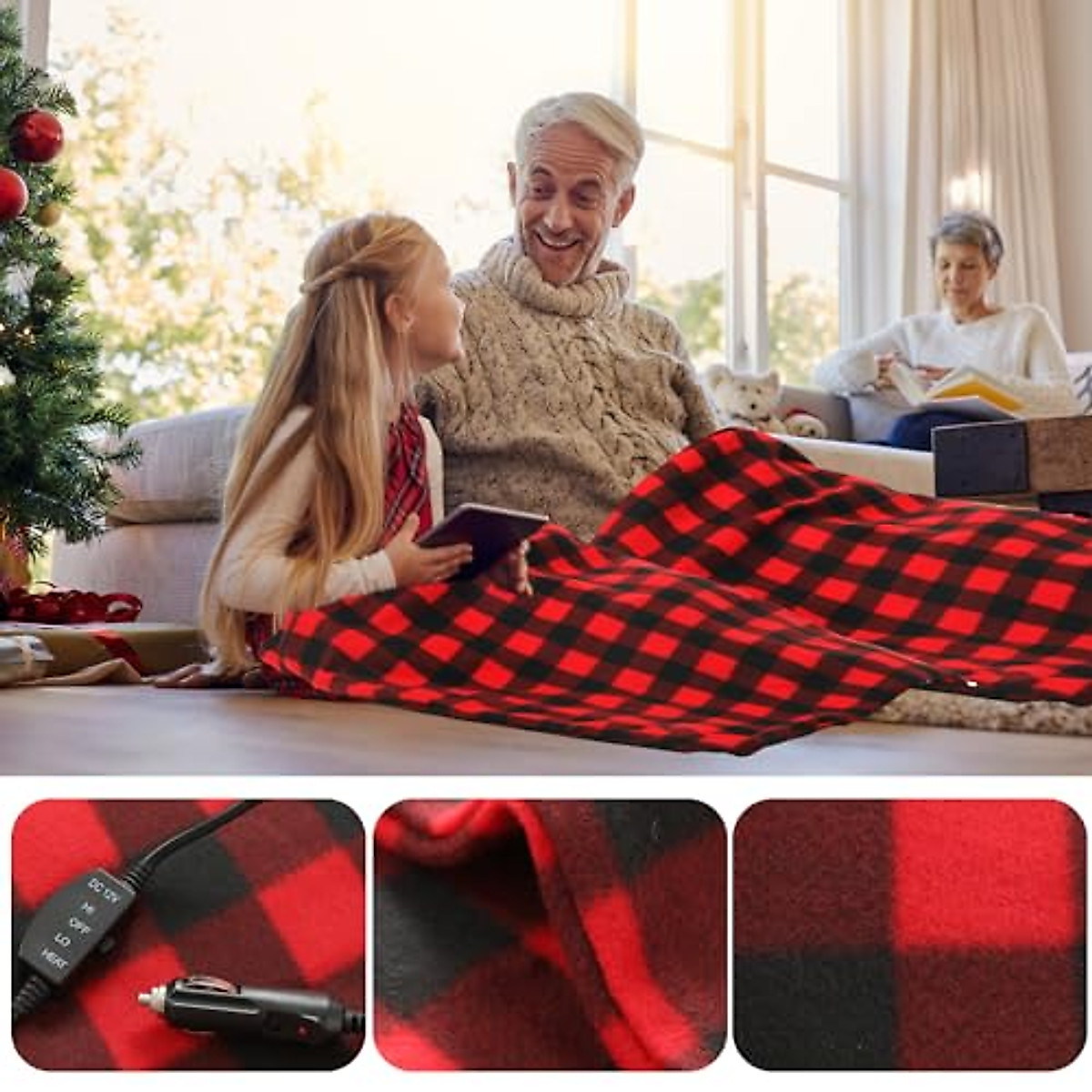 Baquler 2 Pcs Heated Car Blanket 48'' x 35.5'' 12V Portable Electric Blanket with 2 Pcs 12V to USB Adapter Electric Blanket for Car Hi/m/lo Temp for Camping Road Trip Winter Car Truck Accessory
