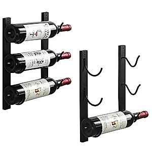 MyGift Modern Wall Mounted Matte Black Metal Wine Storage Rack Set, Hanging Wine Bottle Holder Display Rack, Holds 6 Bottles