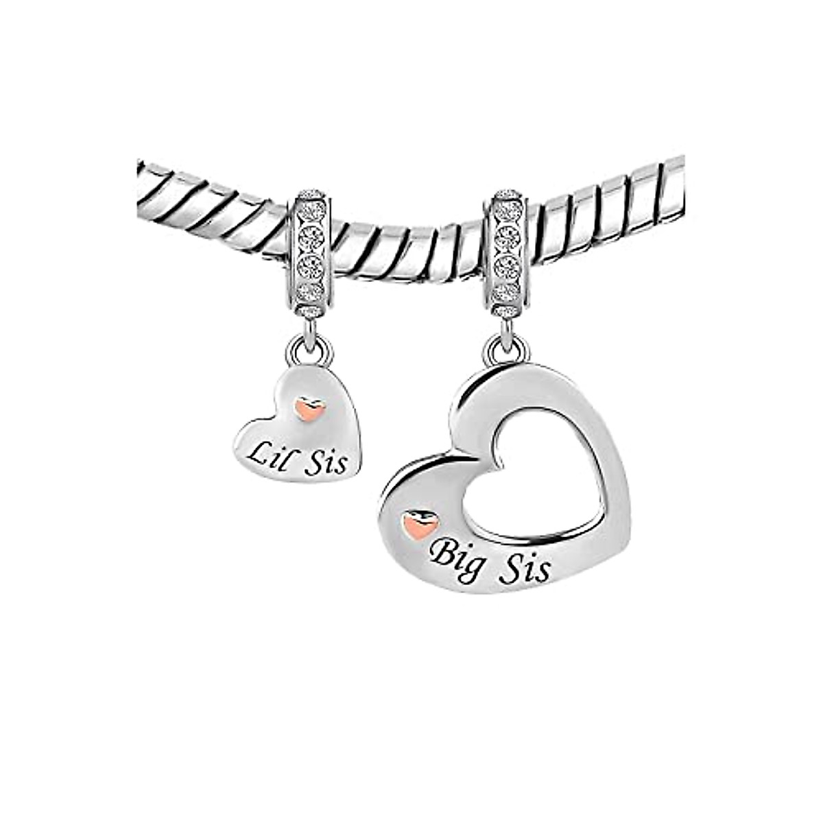 KunBead 18 inch Big Sister Little Sister Rose Gold Tone Heart I Love You Matching Charm Pendant Birthday Necklace set for 2 for Women