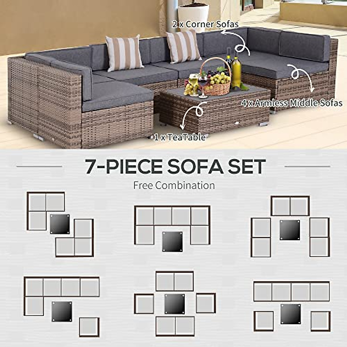 Outsunny 7-Piece Patio Furniture Set, Outdoor Wicker Conversation Set, All Weather PE Rattan Sectional Sofa Set with Cushions and Faux Wood Table, Stripe Pillows, Gray