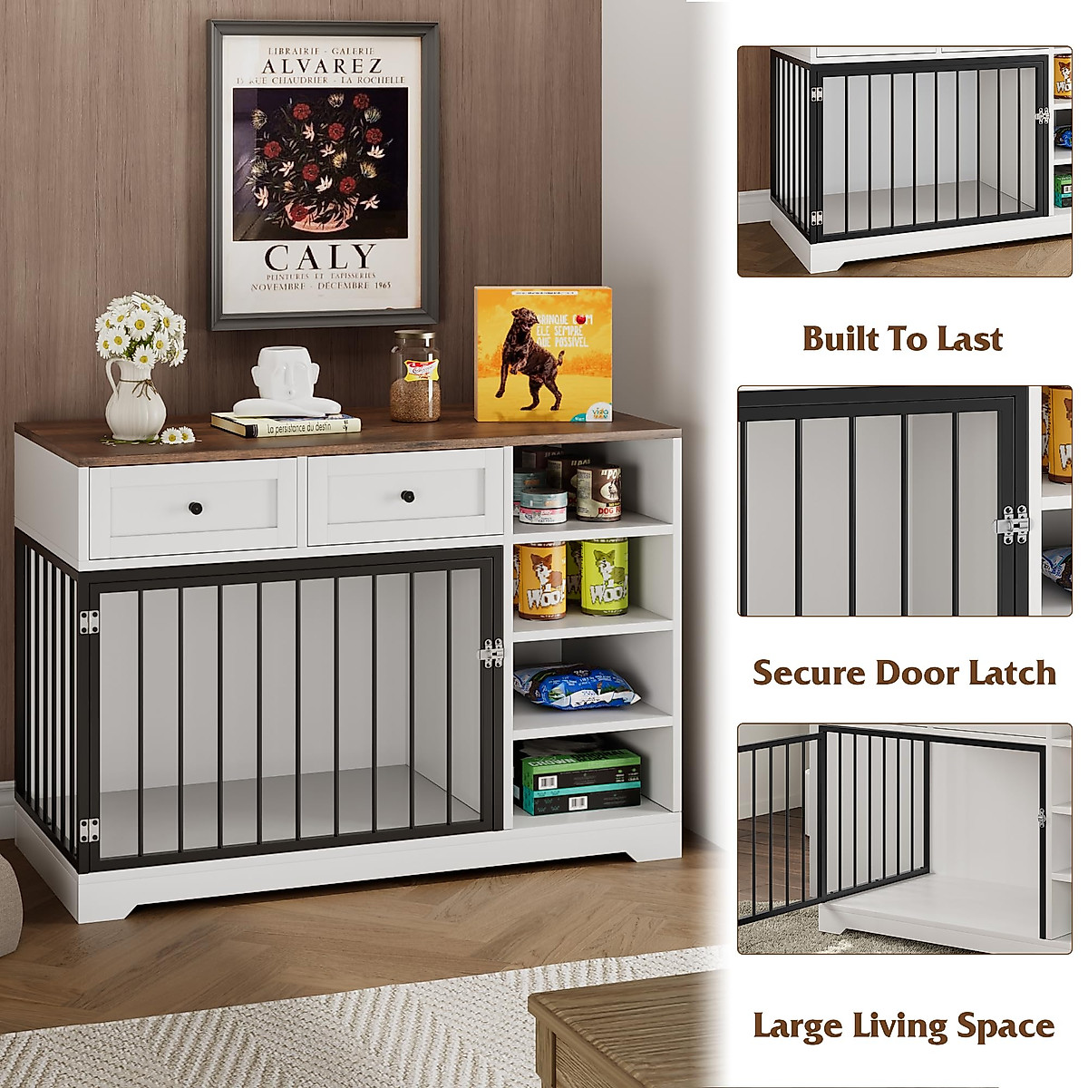 GAOMON Dog Crate Furniture 47”, Large Dog Crate with 2 Drawers and 4 Shelves, Wooden Heavy Duty Dog Crate, Decorative Dog Indoor Kennel Furniture Indoor with Storage, White