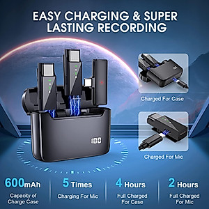 Wireless Lavalier Microphone for iPhone iPad Android, 2 Pack Mini Clip on Lapel Microphone Wireless with 600mAh Charging Case for Video Recording Interview YouTube Vlog Tiktok, 82FT, Plug-Play