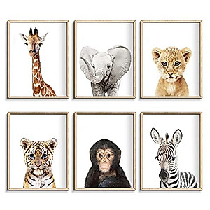 Set of 6 Baby Safari Nursery Wall Decor - Picture Cute Animal Wall Prints on Canvas, under 20 dollars gifts for Baby Boys and Girls Room, UNFRAMED Wall Art(8 x 10 inch)
