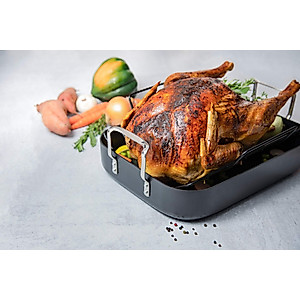 Turkey Roasting Pan, By Kook, Hard Anodized Roaster, Non stick, with Metal Rack and Stainless Steel Handles, 17 Inches from Handle to Handle (Grey)