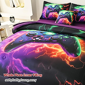 DORCAS Full Gaming Comforter Set for Boys,6 Pcs Gamer Bedding Set Full Size Sheets and Comforter Set for Boys Kids Teen(Purple,Full)