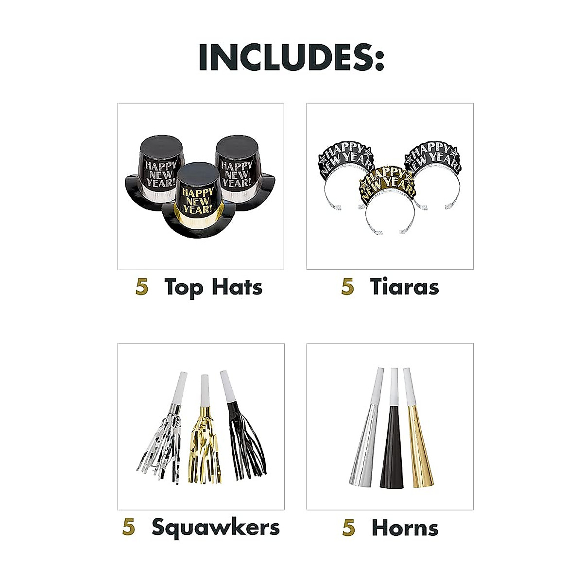 amscan Midnight Elegance Black, Gold and Silver 2025 New Year's Eve Party Decorations Supplies for 10, Includes Top Hats and Tiaras