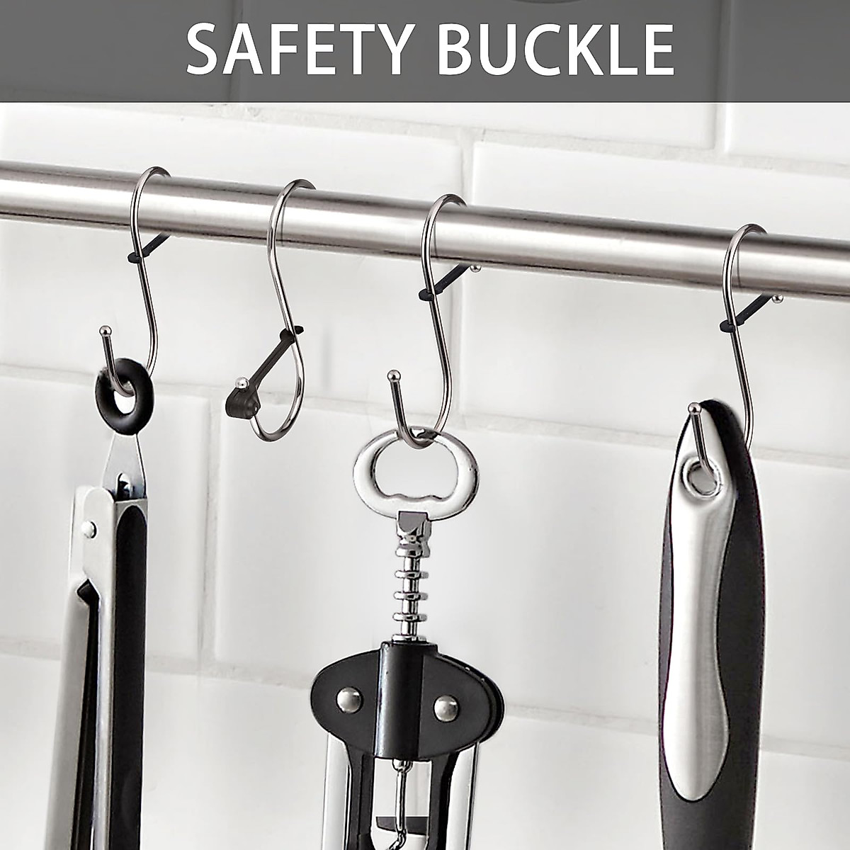 S Hooks, 8Pcs S Hooks for Hanging with Safety Buckle, 3.5 Inch Heavy Duty S Shaped Hooks for Kitchen, Closet