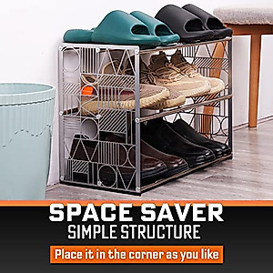 NiHome Silver 3-Tier Shoe Rack - Geometric Patterned Multi-Layered Organizer for Small Spaces with 6 Pair Storage Capacity, Ideal for Closets, Hallways, Entryways, Living Rooms and Bedrooms