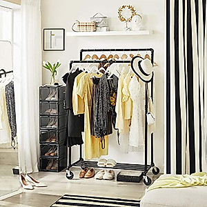 SONGMICS Clothes Rack on Wheels and Clothing Rack Bundle, Heavy Duty Garment Racks with Shelves, Steel, Closet Organization Storage, Black UHSR25BK and UHSR60B