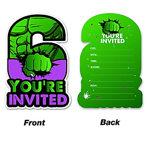 20 Super Hero 6th Birthday Party Invitations with Envelopes Double Sided Green Superhero Shaped Fill-in Invitations Invites for 6 Year Old