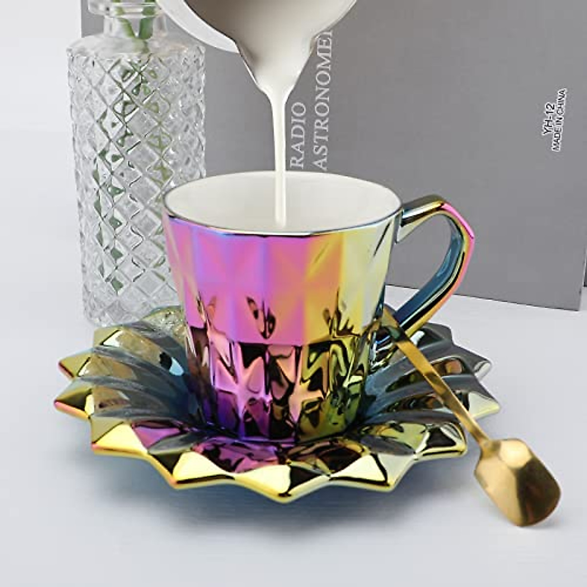 VCXOX Ceramic Coffee Mug, Creative French style Cup with Electroplated Geometry Saucer & Spoon Sets, Novelty Coffee Cup,6 oz/180 ml for Tea Latte Milk (purple)