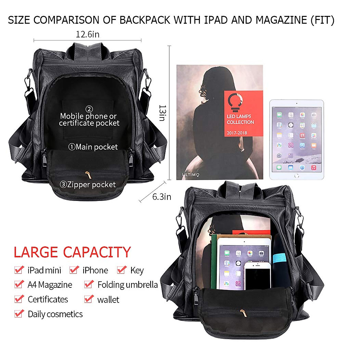 ROOSALANCE Women Backpack Waterproof Anti-theft PU Leather Fashion Purse Shoulder Bag Travel Backpack Ladies (Blue)