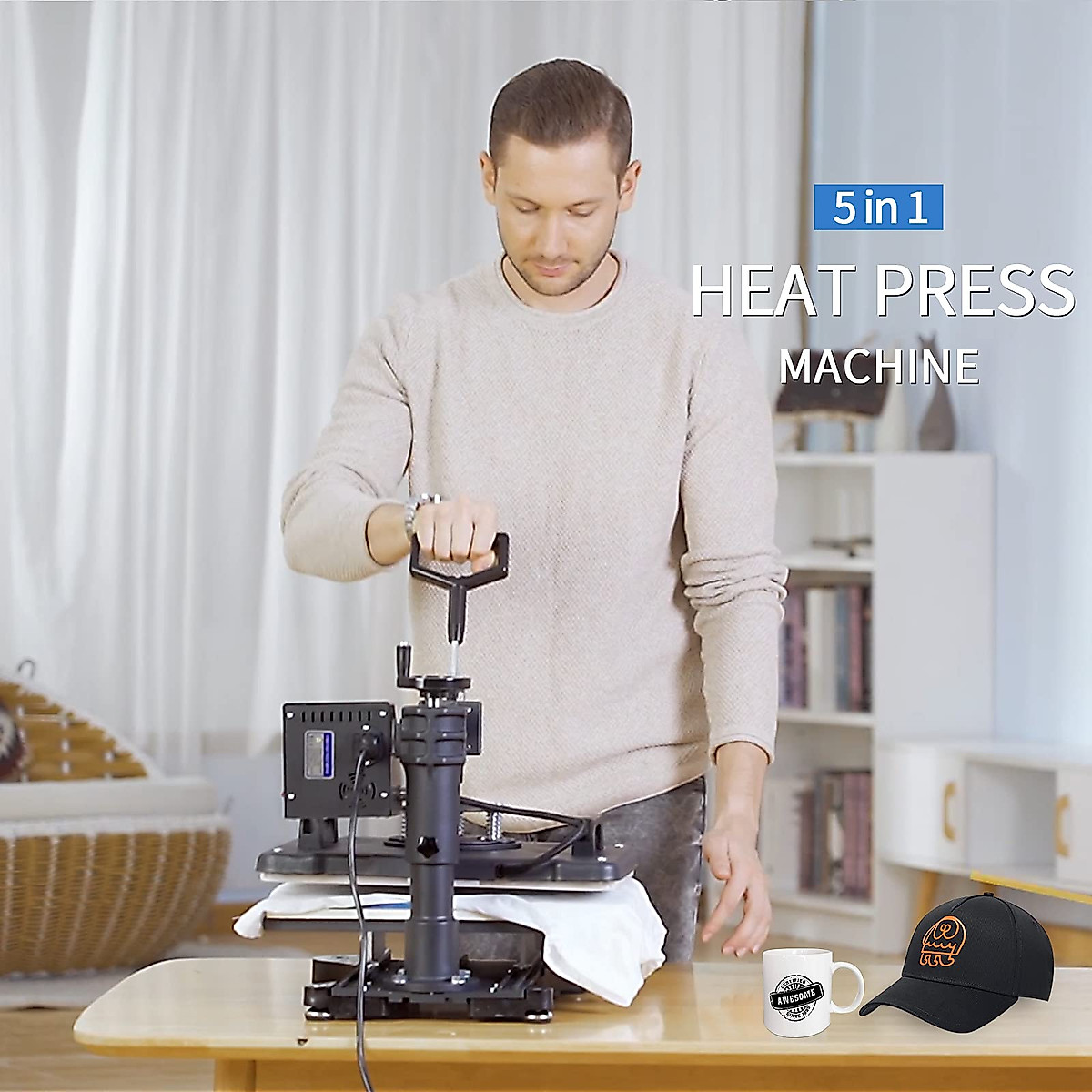 SURPCOS Heat Press Machine, 15" x 12" 5 in 1 Tshirt Printing Press Machine, Combo Mug, T Shirt, Hat, Plate Press, Multifunctional Function Digital Sublimation Heat Machine with 360-Degree Swing Away