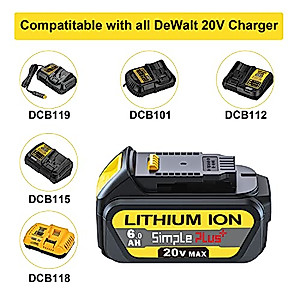 Simple Plus+ 2 Packs 20V 6.0Ah Replacement Battery for Dewalt 20V Compatible with Dewalt DCB200 DCD DCF DCG Series Cordless Power Tools