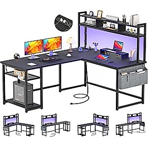 Aheaplus L Shaped Desk with Power Outlet & LED Strip, Reversible Corner Computer / Gaming Desk with Storage Shelf & Monitor Stand, Modern 2 Person For Home Office, Writing , Black