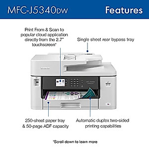 Brother MFC-J5340DW Business Color Inkjet All-in-One Printer with Printing up to 11”x17 (Ledger) Size Capabilities