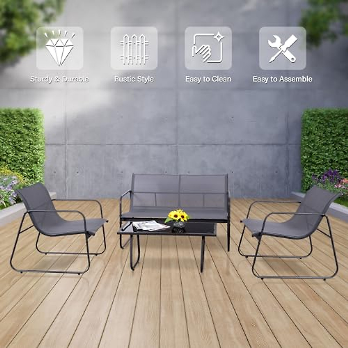 4 Piece Patio Furniture Set, Outdoor Conversations Sets for Patio, Lawn, Garden, Poolside with a Glass Coffee Table, Heathered Grey Fabric with Black Frame
