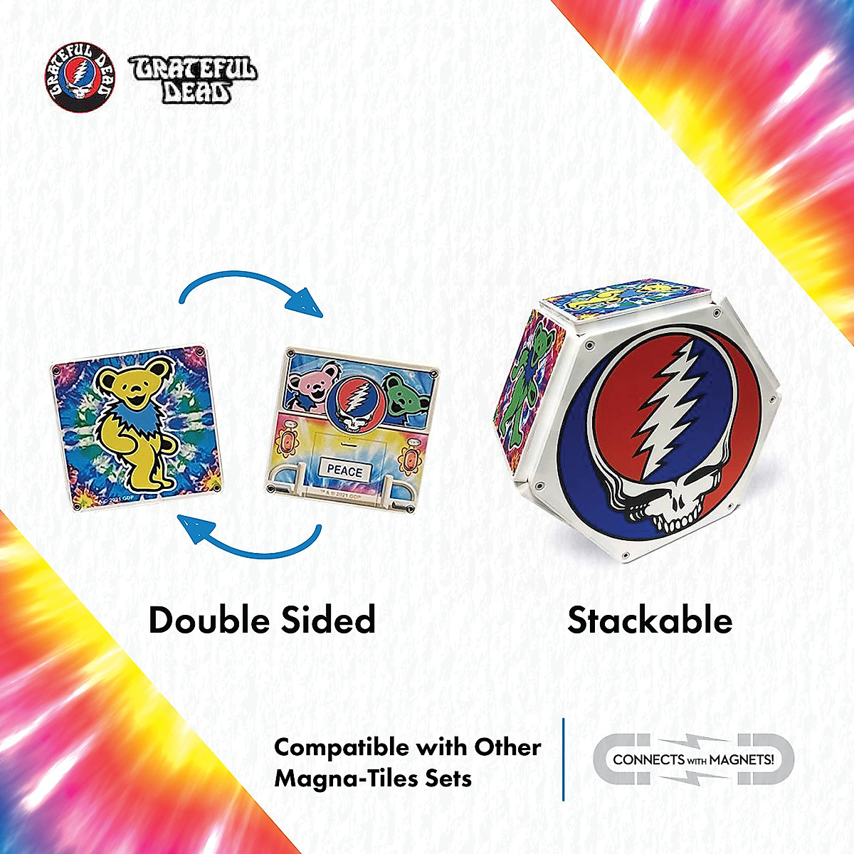 CreateOn Magna-Tiles Grateful Dead Music Collection Magnetic Tiles, Magnetic Kids’ Building Toys, Educational STEM Toys for Ages 3+, 15 Pieces