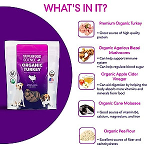Superfood Science All Natural Organic Turkey Dog Treats with Healthy Human Grade Ingredients, Made in USA, Gluten-Free Training & Rewarding Snacks for Small, Medium, and Large Dogs, 5 Oz, Mini Sticks