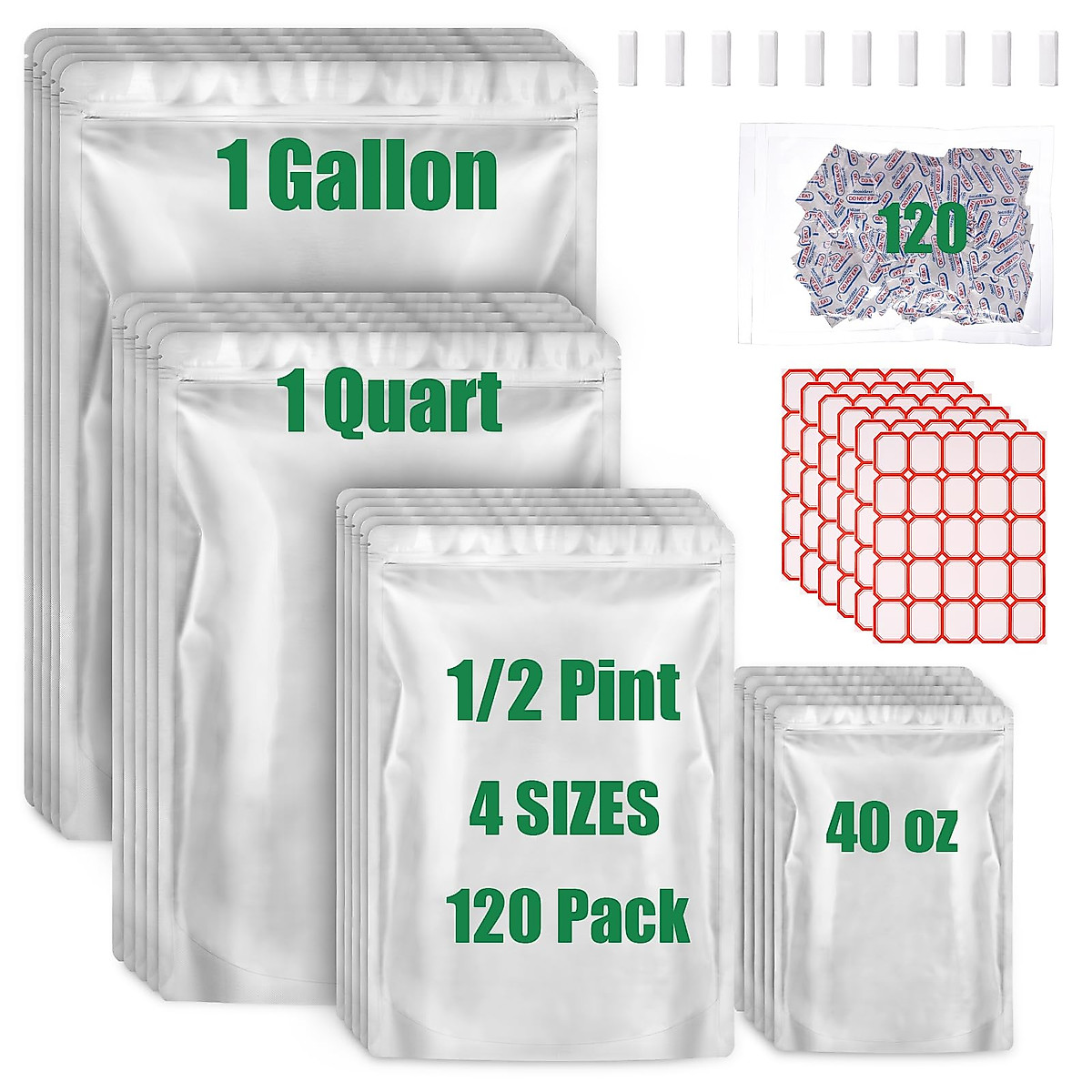 10.5 Mil 150 Mylar Bags for Food Storage with Oxygen Absorbers 500cc & 300cc, Mylar Bags 1 Gallon, 1 Quart, 1/2 Pint, 40 Oz, Stand-Up Zipper Resealable Bags & Heat Sealable Food Storage Bags + Labels