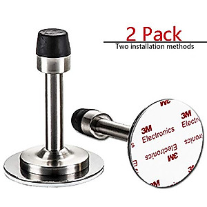 LemonHo No Need to Drill/ Screw in Wall Mounted Door Stopper, 3M Self Adhesive Tape Stainless Steel Doorstop, Rubber Bumper Tip, Pack of 2 Wall Protector Bedroom Door Stops, 3 Inches Height, Silver