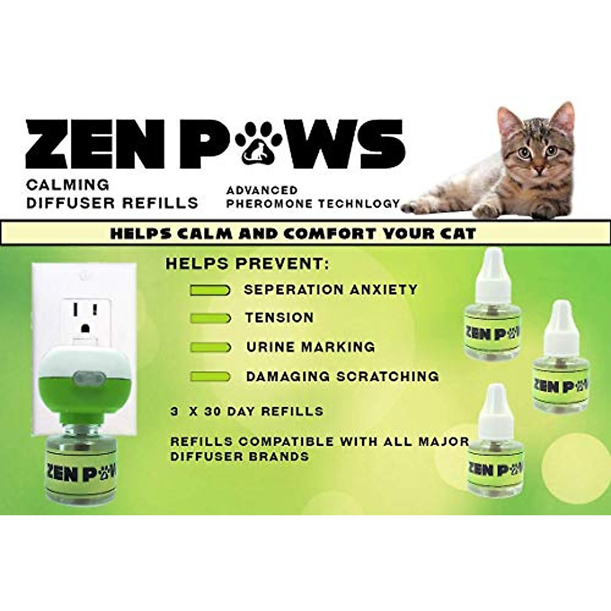 Zenpaws Upgraded No Scent - Diffuser Cat Relaxant Refill - Compatibility : Refills fit and are Compatible with All Major Brand diffusers. Feliway, Comfort Zone, ThunderEase, Relaxivet