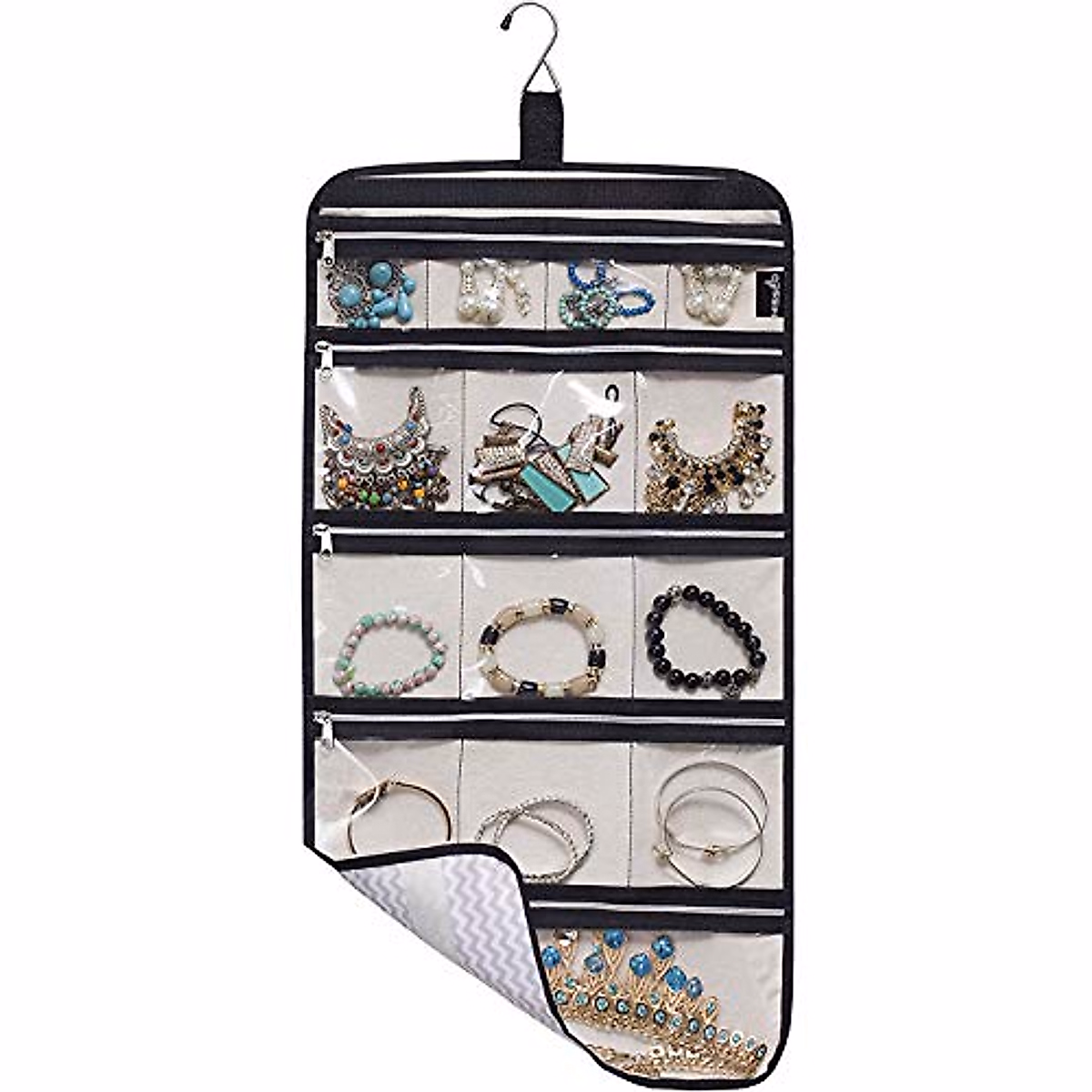 MISSLO Hanging Jewelry Organizer Travel Foldable Jewelry Roll Storage Case with 14 Cotton Zippered Pockets for Traveling, Closet, Suitcase