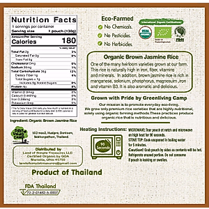 Organic Thai Jasmine Microwavable Cooked Brown Rice - Gluten-free - Vegan Healthy Ready to Eat 6 x 4.6 OZ Pouch (Brown Rice 6 Pouches)